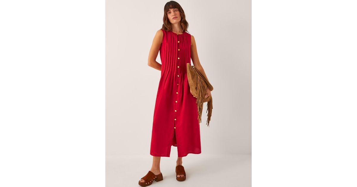 Monsoon Monica Linen Pleated Midi Dress in Red | Lyst UK