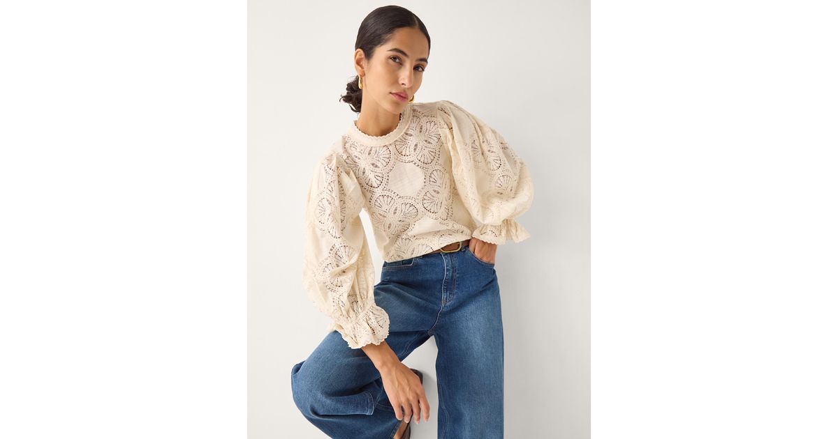 Monsoon Imogen Lace Insert Blouson Blouse in Blue | Lyst UK