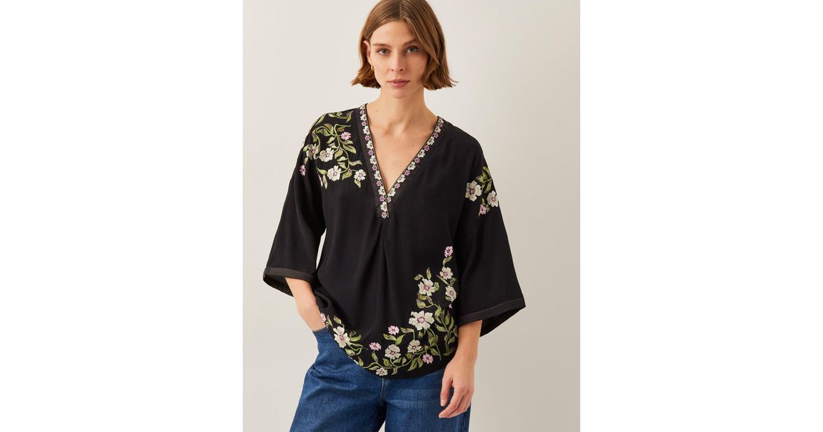 Monsoon Alison V-neck Floral Embroidered Top Black | Lyst UK