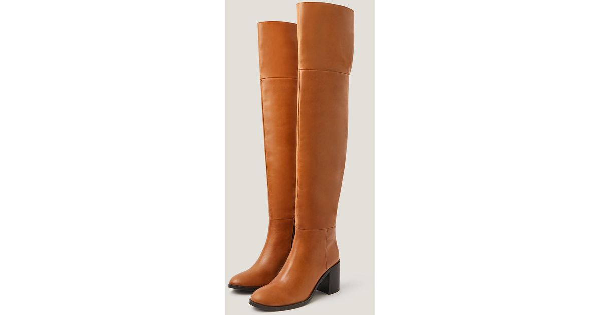 Monsoon Bronte Leather Thigh High Heeled Boots Tan in White | Lyst UK