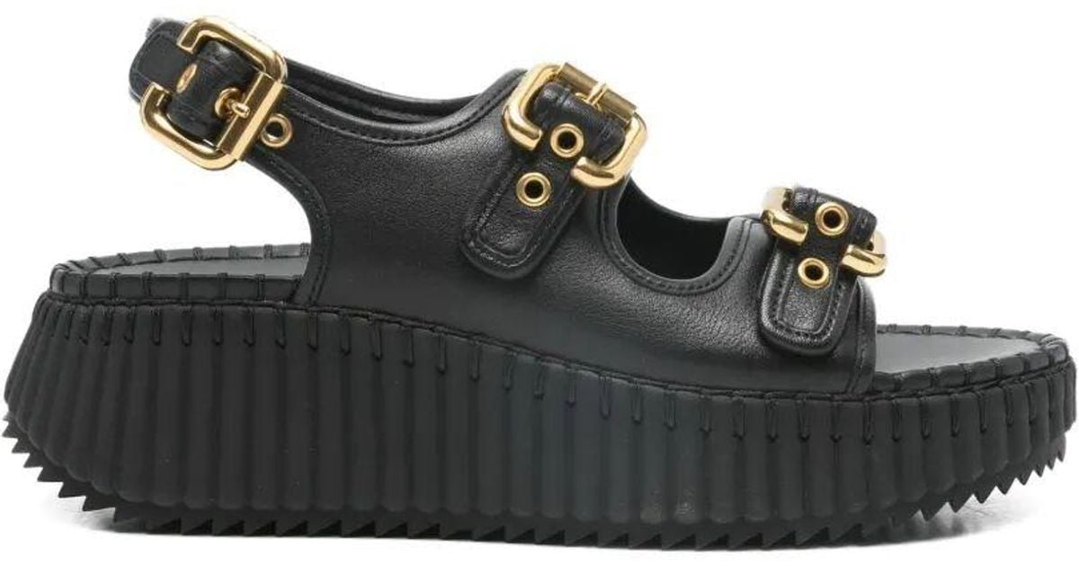 Chloé Nama Leather Wedge Sandals in Black | Lyst UK