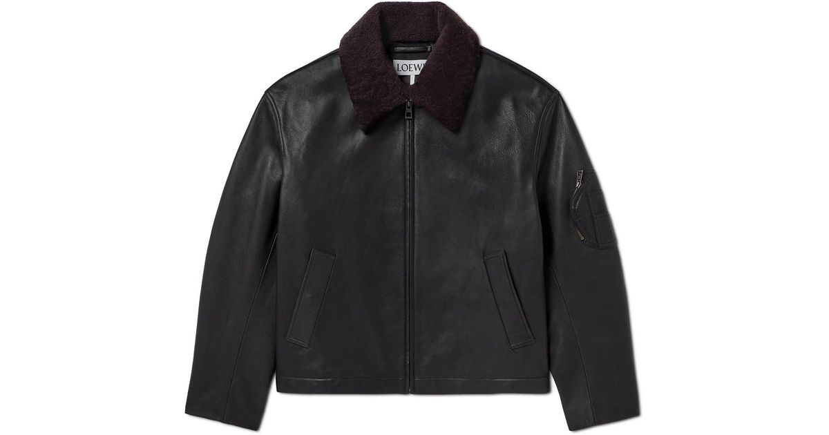 Loewe Appliquéd Shearling-Trimmed Leather Jacket in Black for Men | Lyst