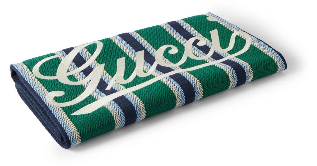 Gucci Logo-Embroidered Striped Herringbone Cotton Scarf in Green for ...