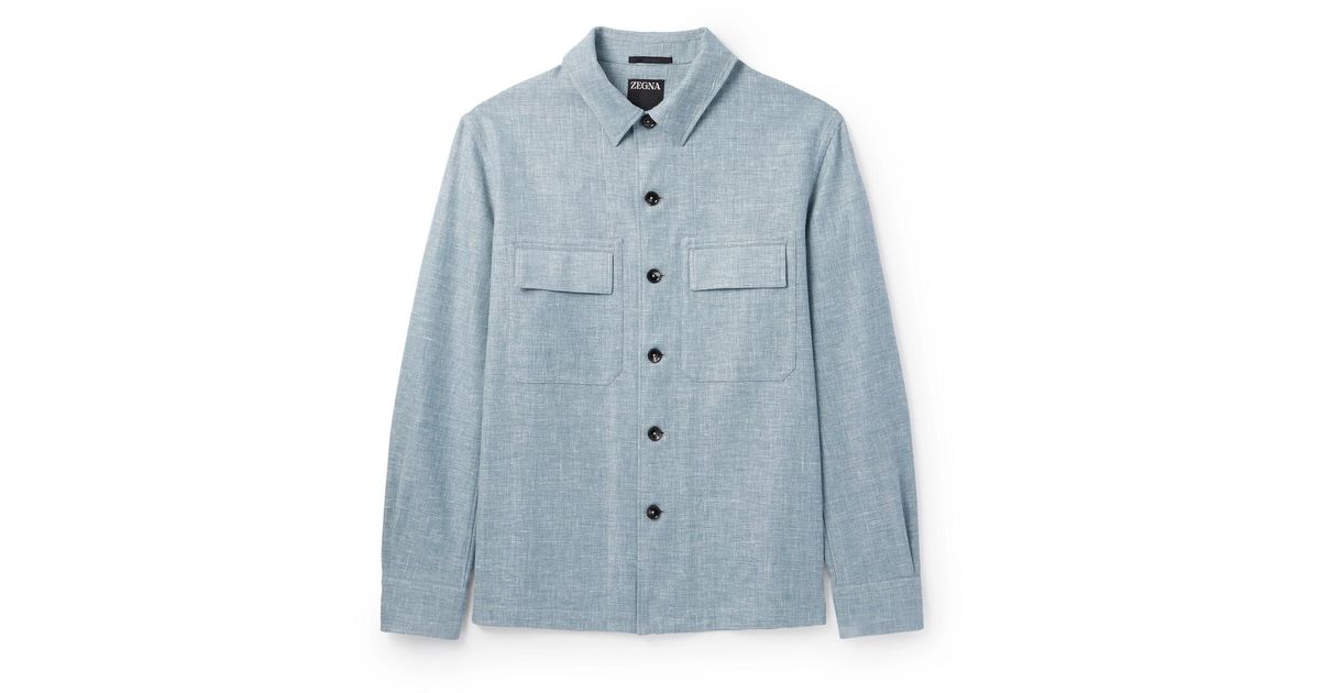 ZEGNA Leather-Trimmed Woven Overshirt in Blue for Men | Lyst