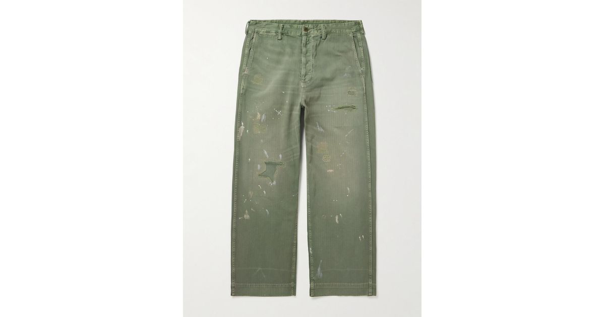 Polo Ralph Lauren Burroughs Straight-leg Distressed Herringbone Cotton-twill Trousers in Green ...