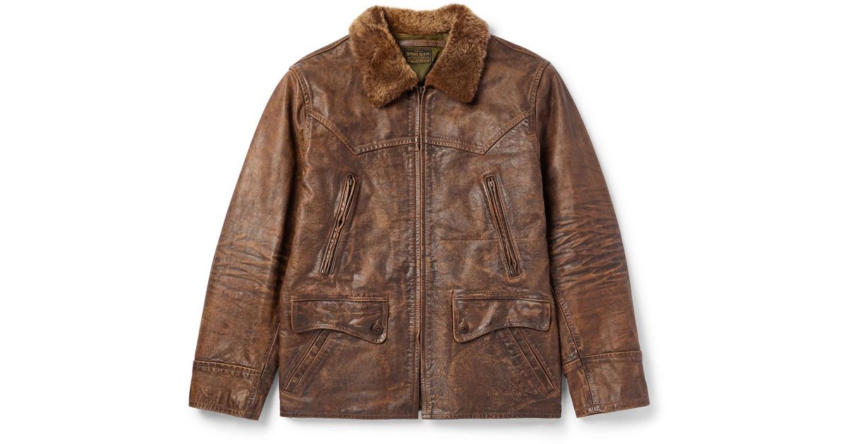 RRL Thurston Shearling-trimmed Distressed Leather Jacket in Brown for Men | Lyst