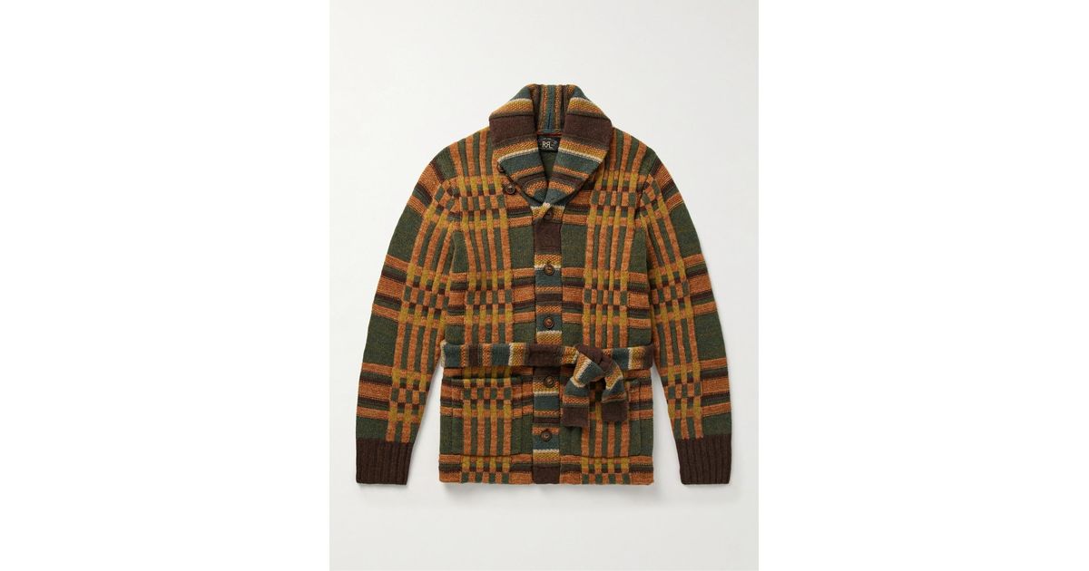 RRL Ranch Shawl-collar Belted Check Wool Cardigan in Brown for Men ...