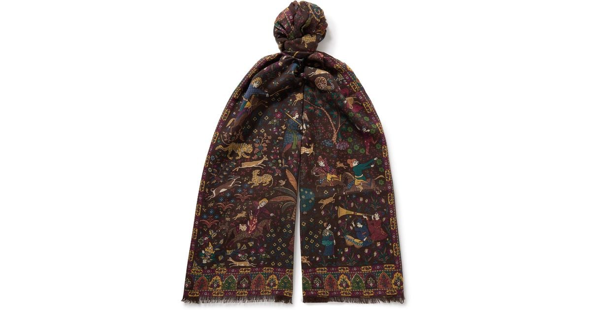 Drake's Mughal Hunter Frayed Printed Wool And Silk-Blend Scarf in Brown ...