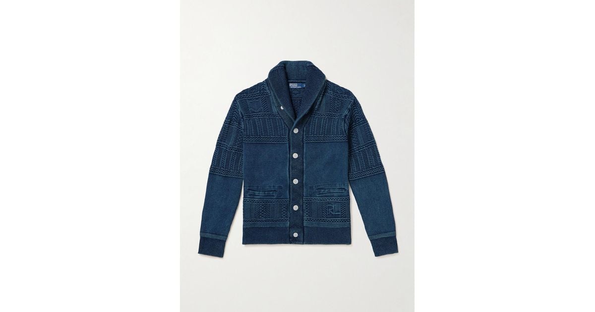 Polo Ralph Lauren Shawl-Collar Panelled Cable-Knit Cotton Cardigan in Blue for Men | Lyst UK