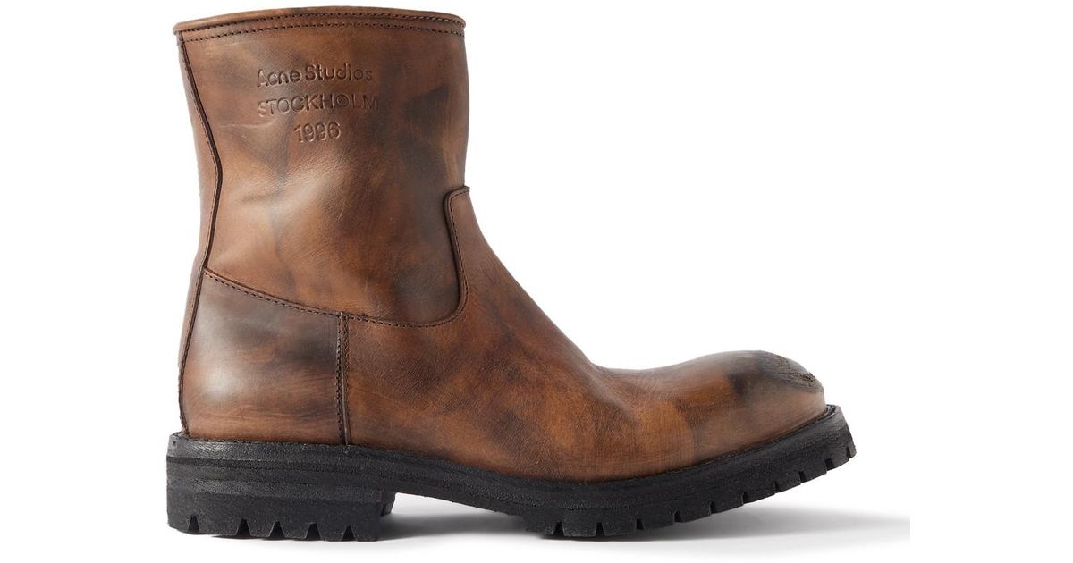 Acne Studios Bork Logo-Embossed Distressed Leather Boots in Brown for ...