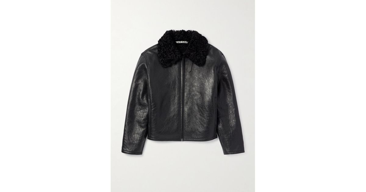 Acne Studios Shearling-Trimmed Cracked-Leather Jacket in Black for Men | Lyst UK