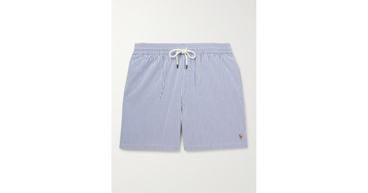 Polo Ralph Lauren Mid Length Straight Leg Striped Cotton Blend Seersucker Swim Shorts In Blue