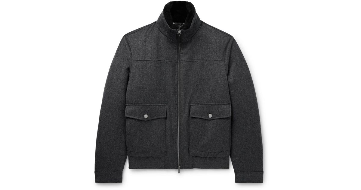 Canali Shearling-Trimmed Padded Wool-Flannel Bomber Jacket in Black for ...