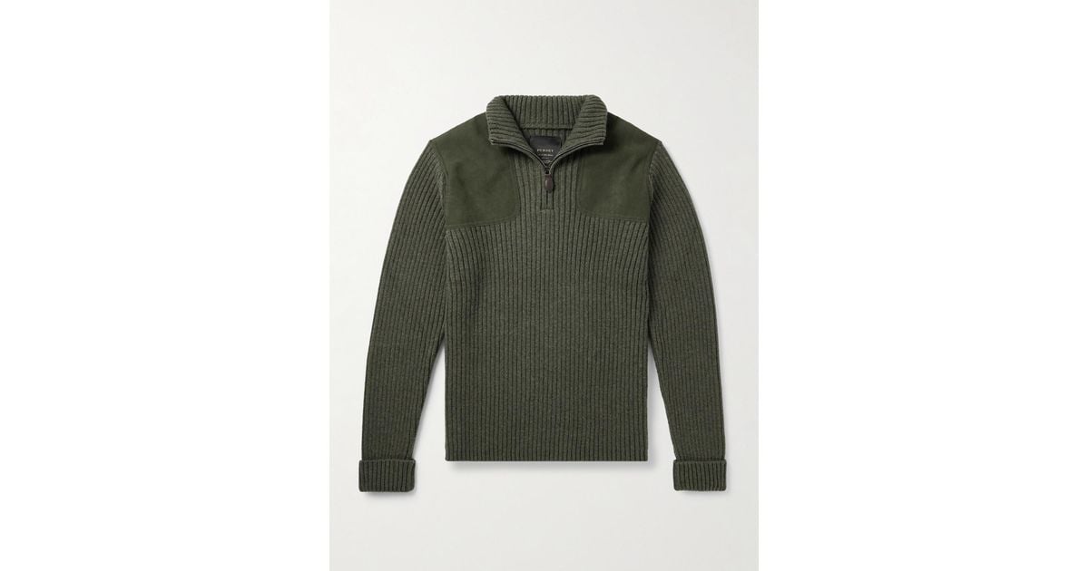 James Purdey & Sons Commando Suede-Trimmed Ribbed Wool Half-Zip Sweater in Green for Men | Lyst UK