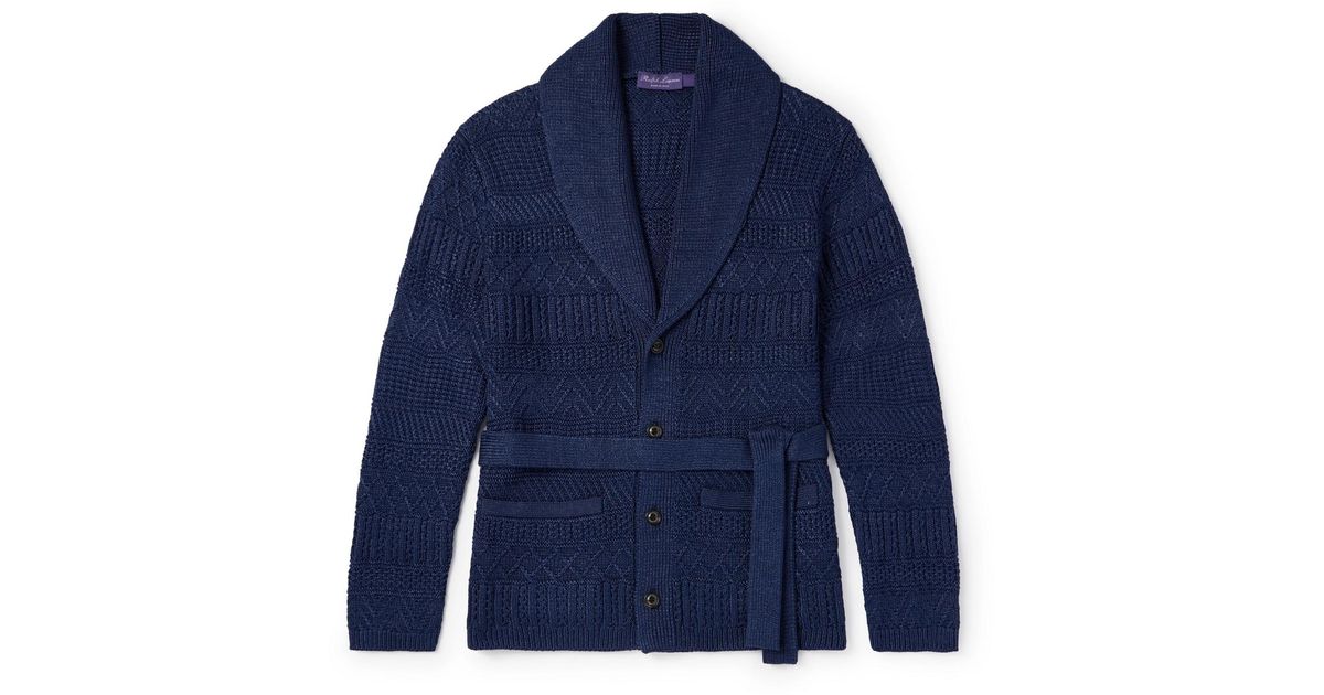 Ralph Lauren Shawl-collar Belted Cable-knit Silk And Cotton-blend Cardigan in Blue for Men | Lyst
