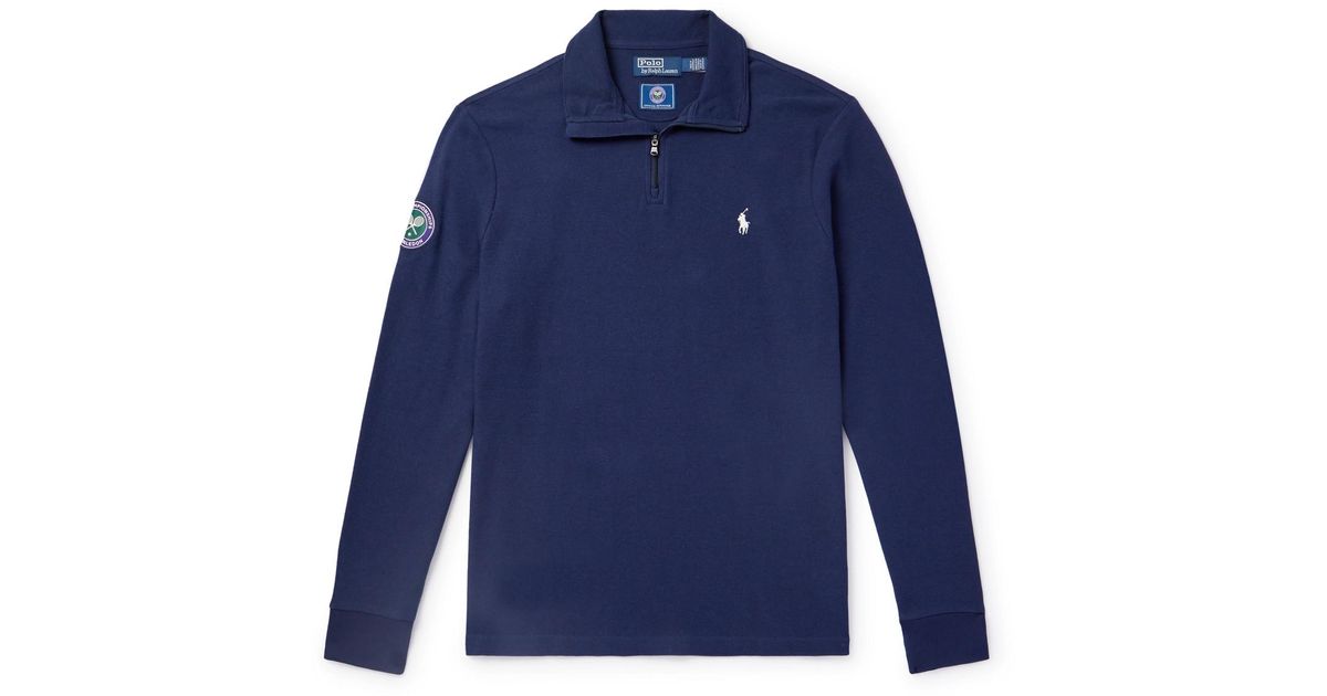 Polo Ralph Lauren Wimbledon Appliquéd Logo-embroidered Cotton-piqué Half-zip Sweater in Blue for ...
