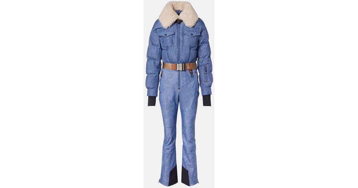 Moncler Belted Shearling-Trimmed Down Ski Suit in Blue | Lyst