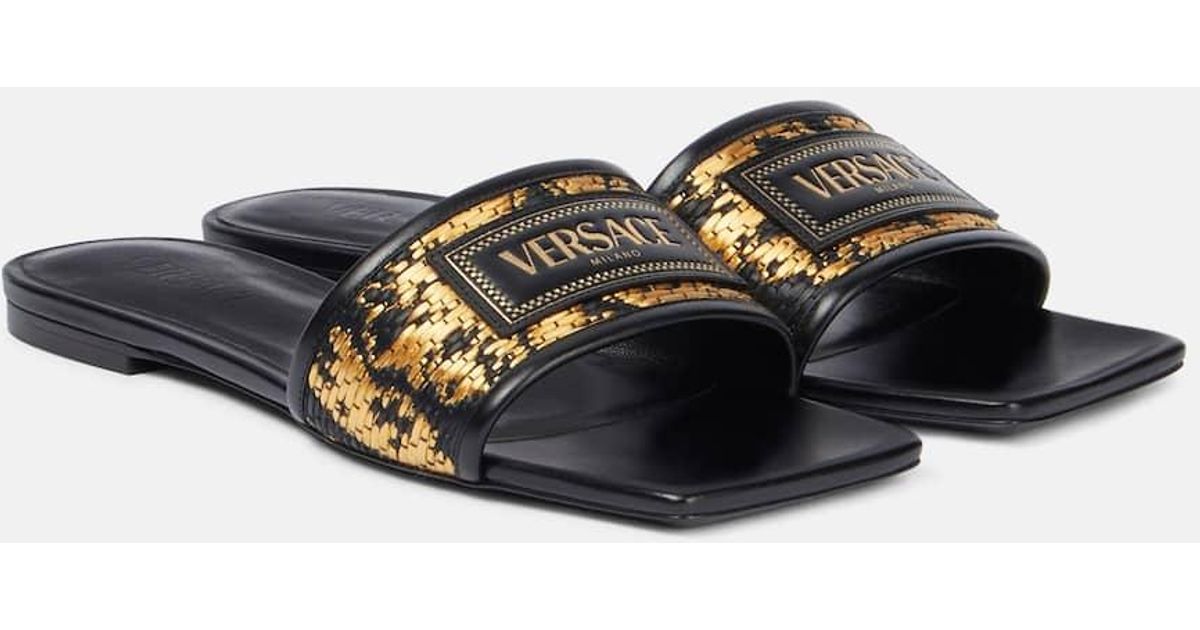 Versace Theia Barocco Raffia-Effect Slides in Black | Lyst