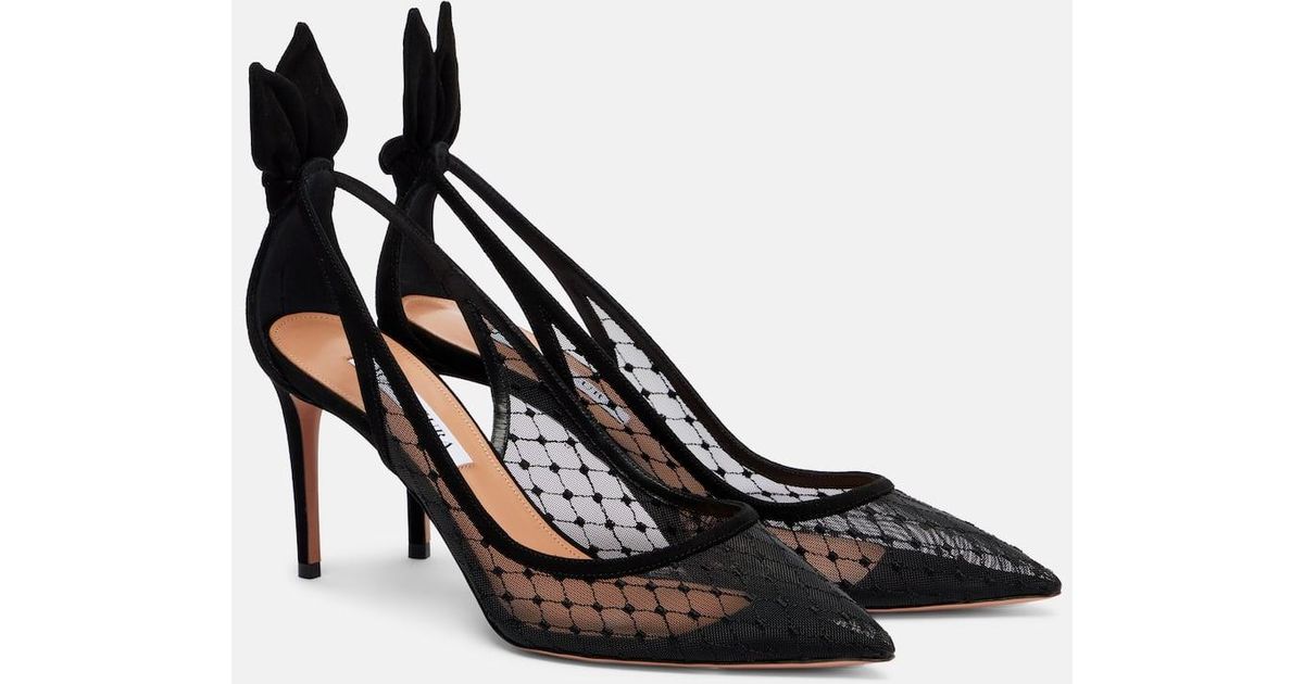 Aquazzura Bow Tie 85 Suede-Trimmed Mesh Pumps in Black | Lyst