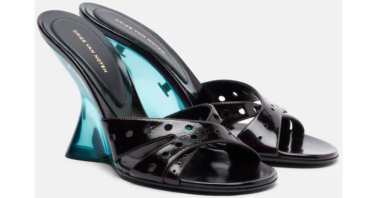 Dries Van Noten Patent Leather Wedge Mules in Blue | Lyst