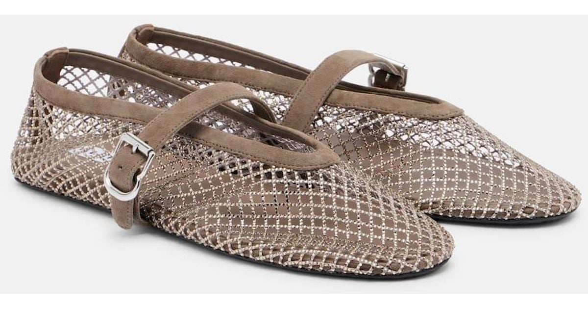 Alaïa Embellished Suede-Trimmed Fishnet Ballet Flats in Grey | Lyst UK