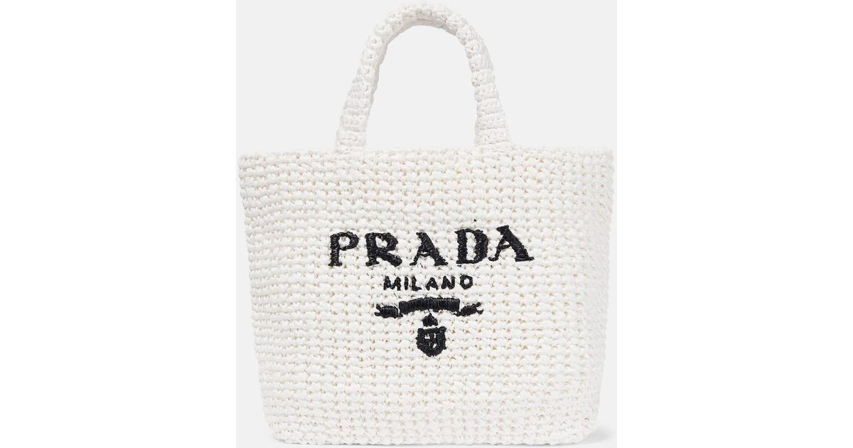 Prada Small Logo Crochet Tote Bag in White | Lyst