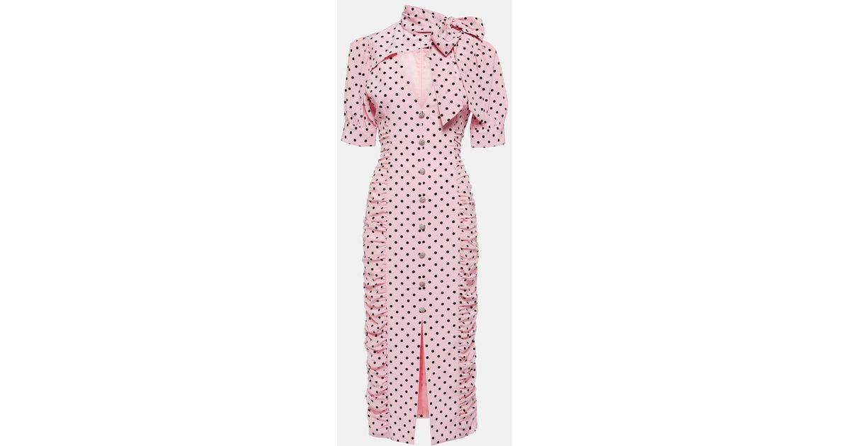Alessandra Rich Polka-Dot Tie-Neck Silk Midi Dress in Pink | Lyst