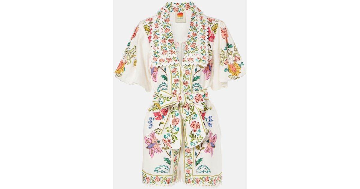 FARM Rio Floral Insects Linen-Blend Romper in White | Lyst