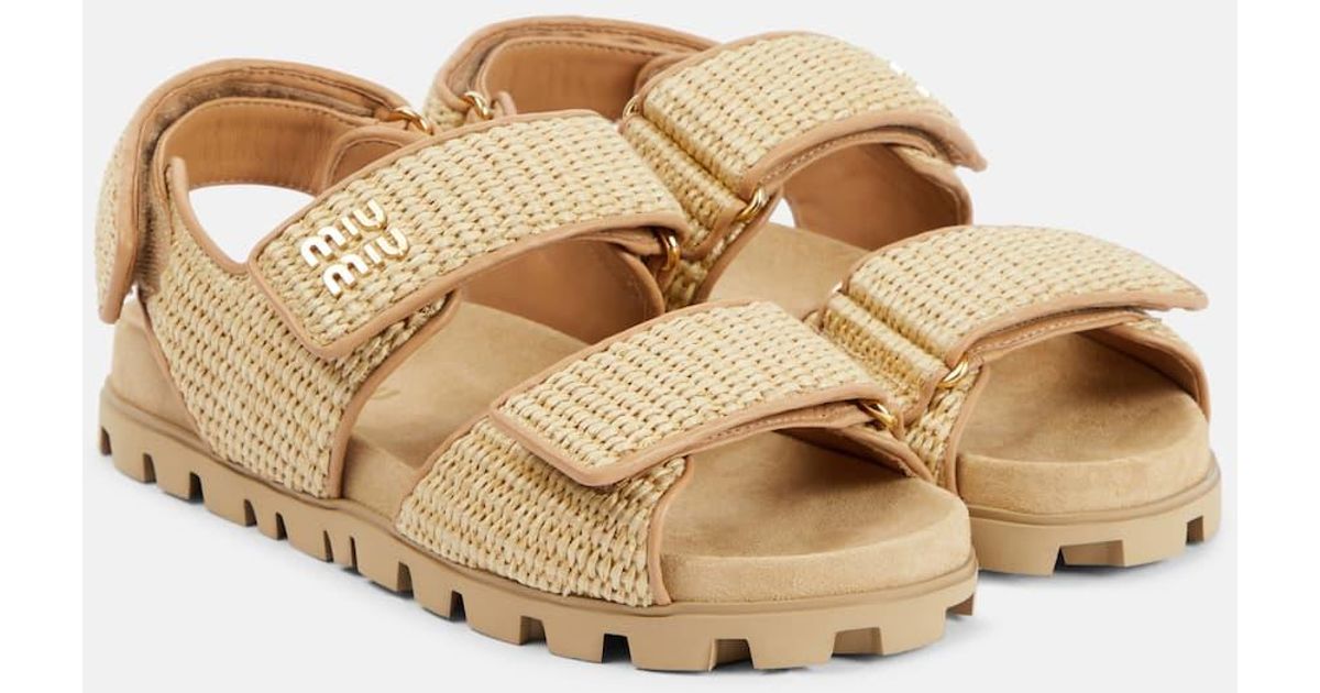 Miu Miu Logo Leather-Trimmed Raffia Sandals in Metallic | Lyst UK