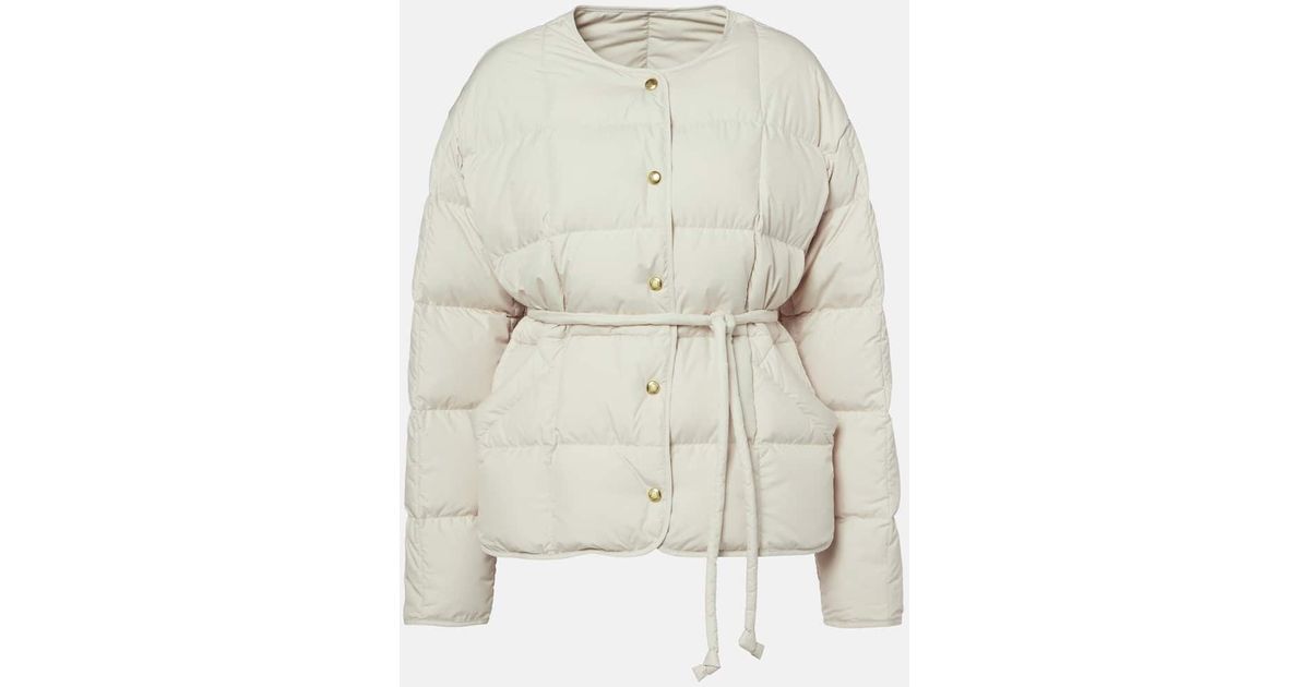 Moncler Belted Leather-Trimmed Down Jacket in Natural | Lyst
