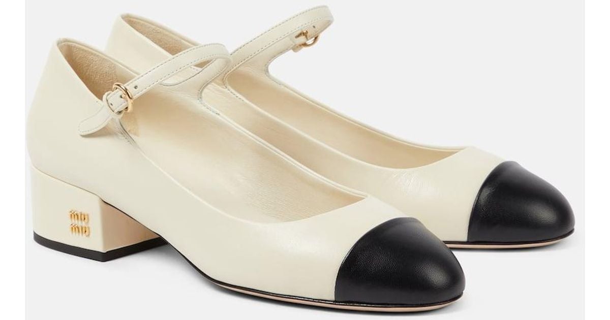 Miu Miu Logo Leather Mary Jane Pumps in Natural | Lyst UK