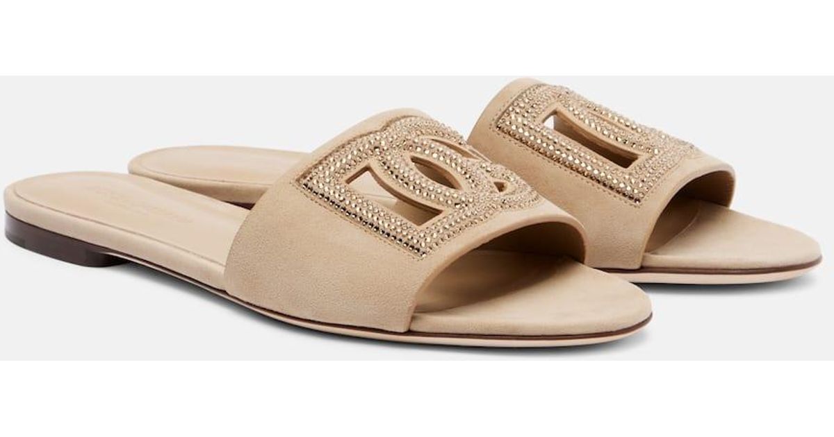 Dolce & Gabbana Dg Crystal-Embellished Suede Slides in Natural | Lyst UK