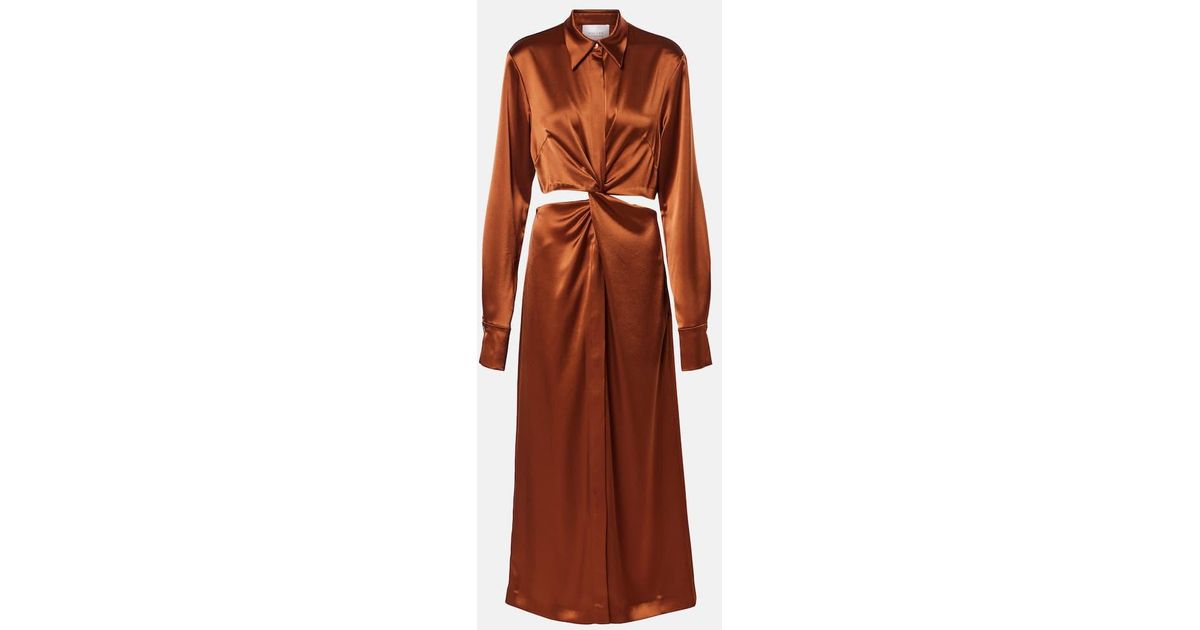 Galvan London Hock Gathered Satin Midi Dress in Brown | Lyst