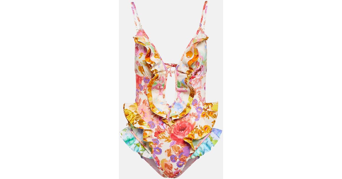 Zimmermann Raie Waterfall Floral Swimsuit In White Lyst