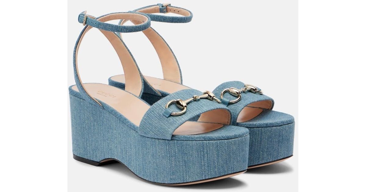 Gucci Horsebit Denim Platform Sandals in Blue | Lyst