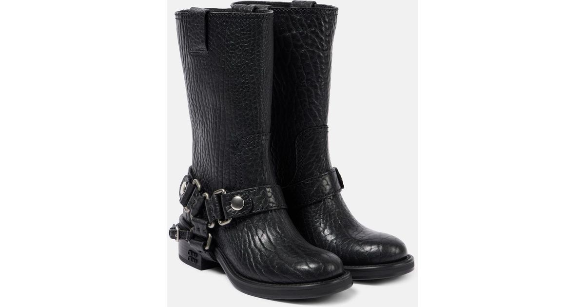 Miu Miu Leather Biker Boots in Black | Lyst