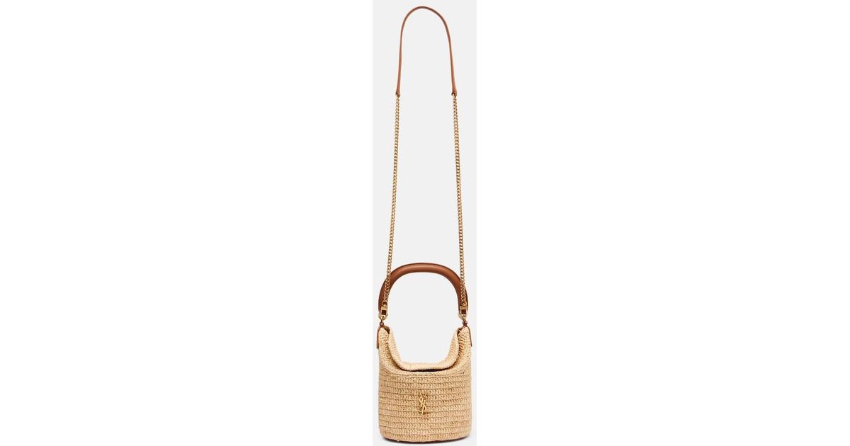 Saint Laurent Gaby Leather-Trimmed Raffia Bucket Bag in White | Lyst