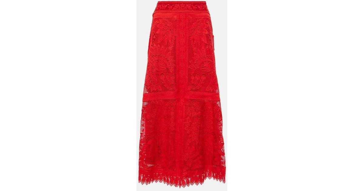 FARM Rio Toucan Guipure Lace Midi Skirt in Red | Lyst