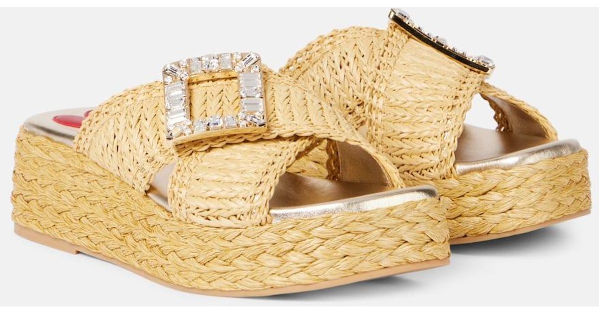 Roger Vivier Embellished Raffia Espadrille Slides in Metallic | Lyst