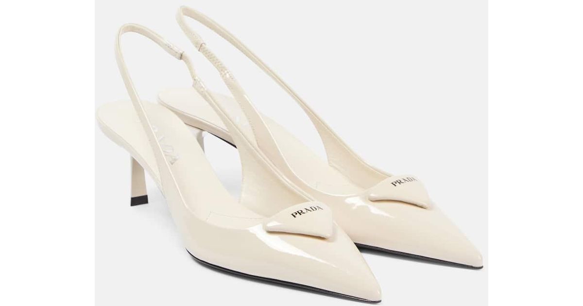 Prada 55 Logo Patent Leather Slingback Pumps in White | Lyst