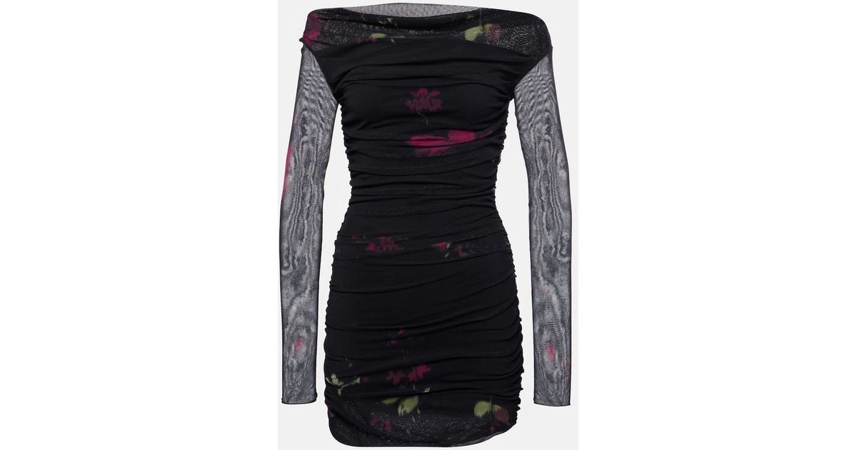 Blumarine Floral Ruched Mesh Minidress In Black Lyst