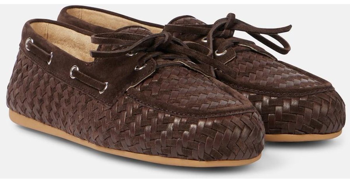 Miu Miu Woven Leather And Suede Boat Shoes in Brown | Lyst