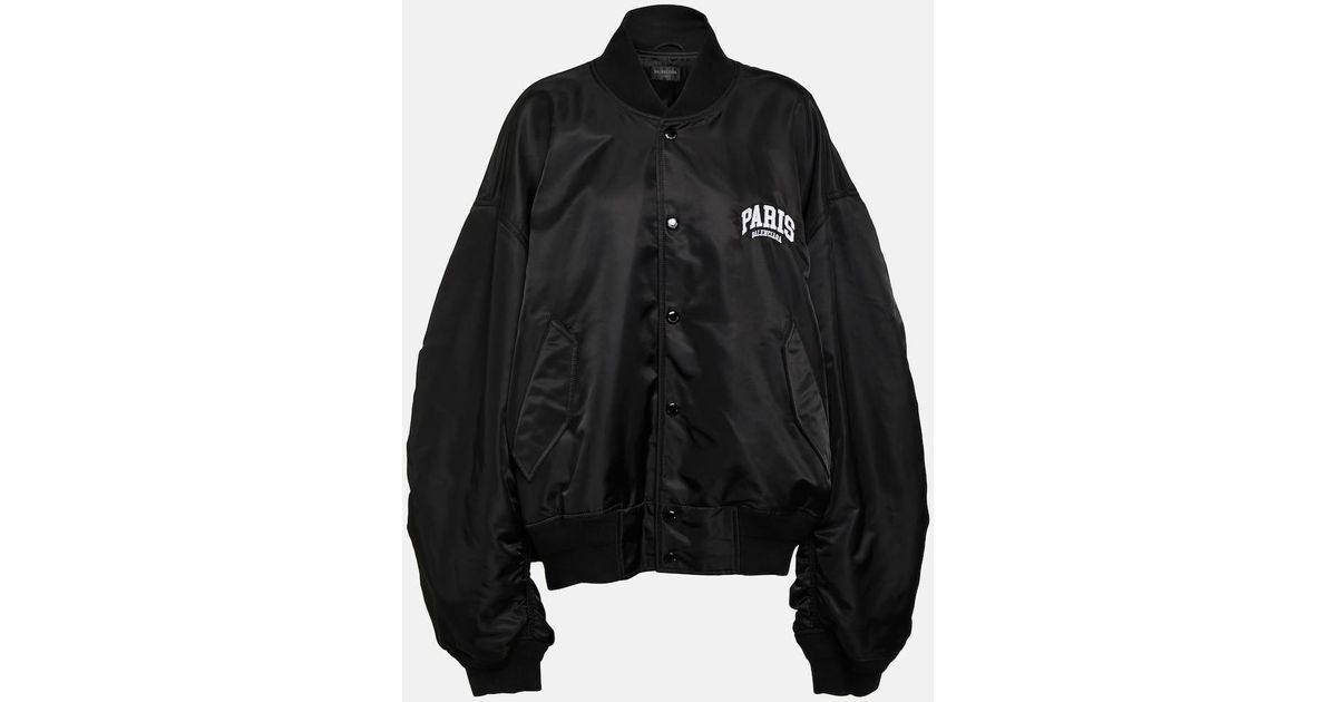 Balenciaga Paris Satin Varsity Jacket in Black | Lyst