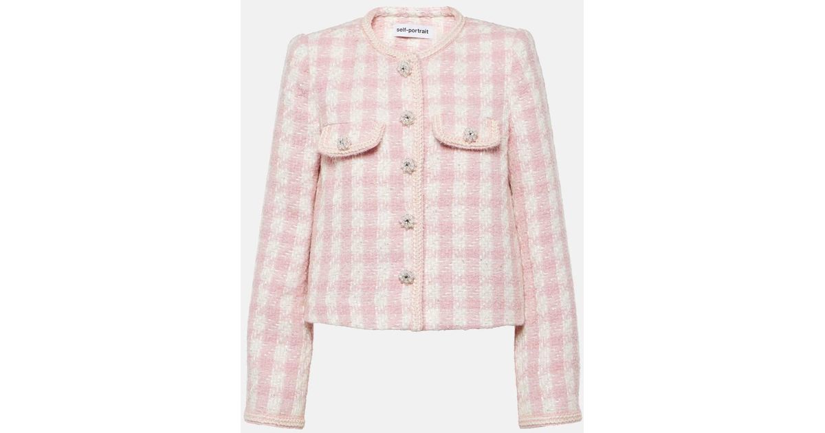 Self-Portrait Bouclé-texture Chest-pocket Woven Jacket in Pink | Lyst
