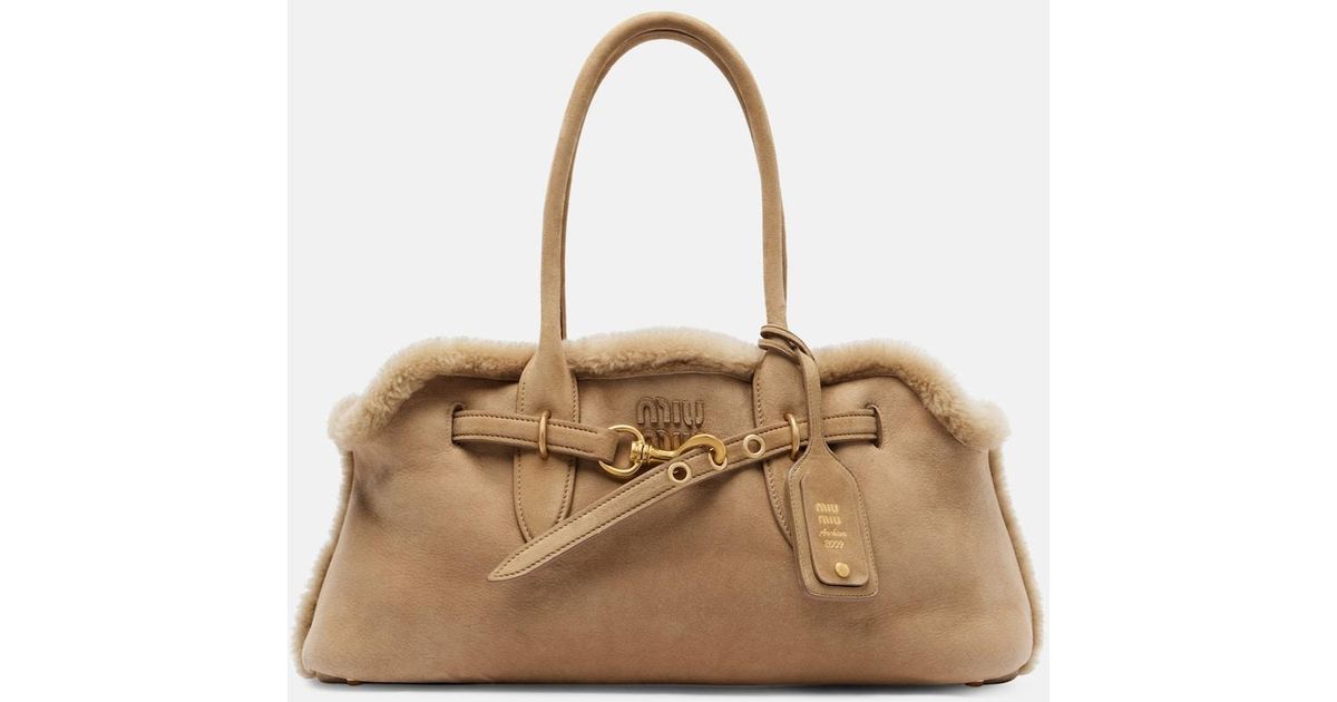 Miu Miu Adventure Shearling-Lined Suede Tote Bag in Natural | Lyst UK