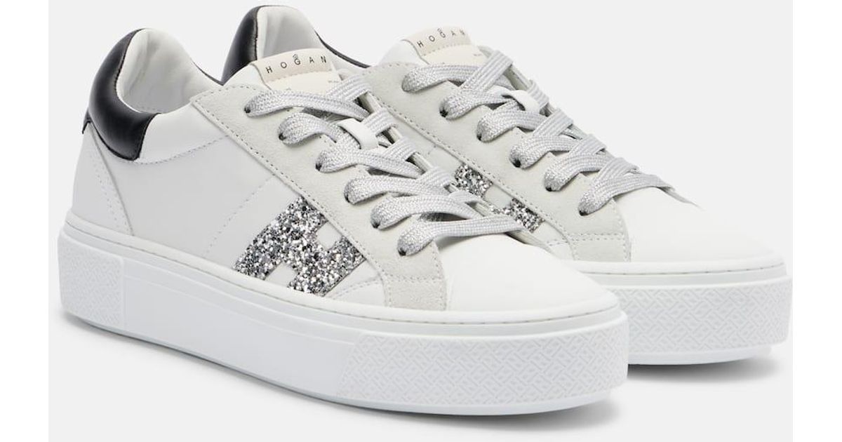 Hogan H705 Allacciato H Glitter Leather Platform Sneakers in White ...