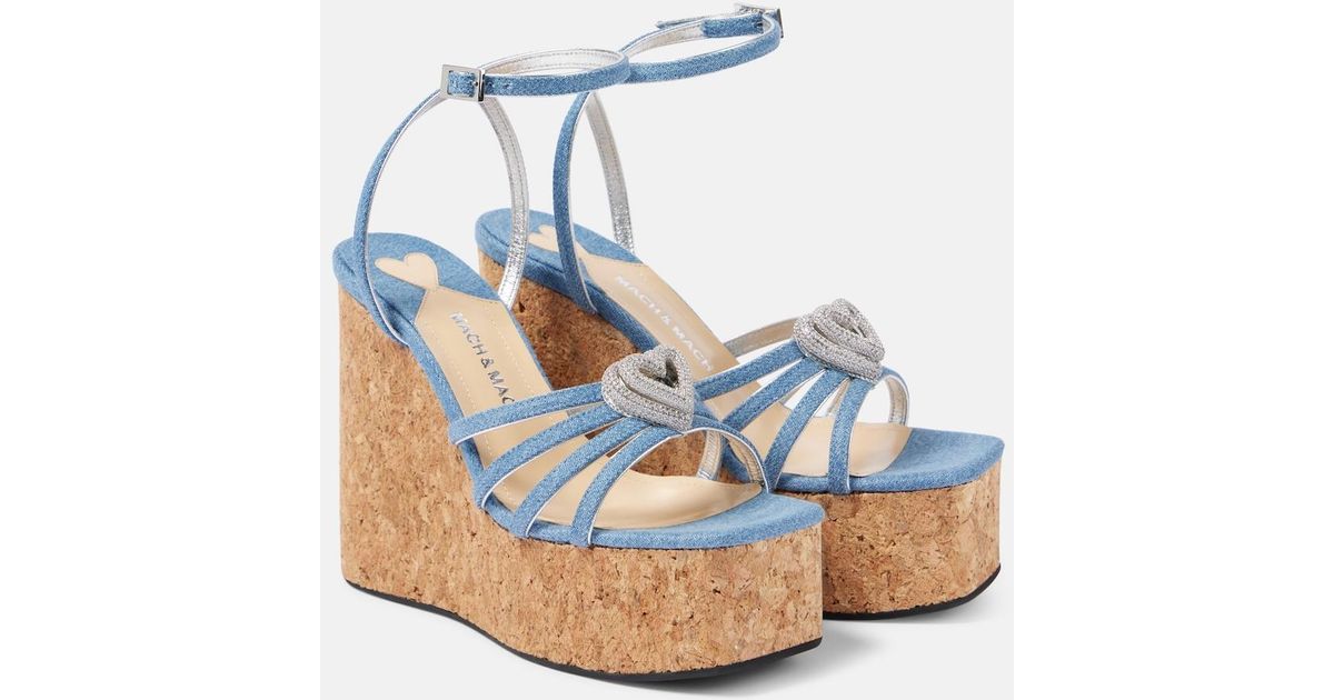 Mach & Mach Double Heart Denim Wedges in Blue | Lyst