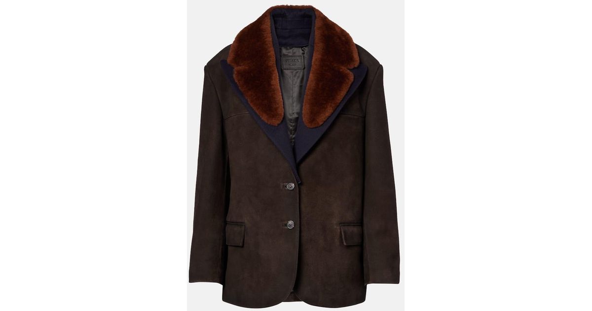 Prada Shearling-Trimmed Suede Jacket in Brown | Lyst