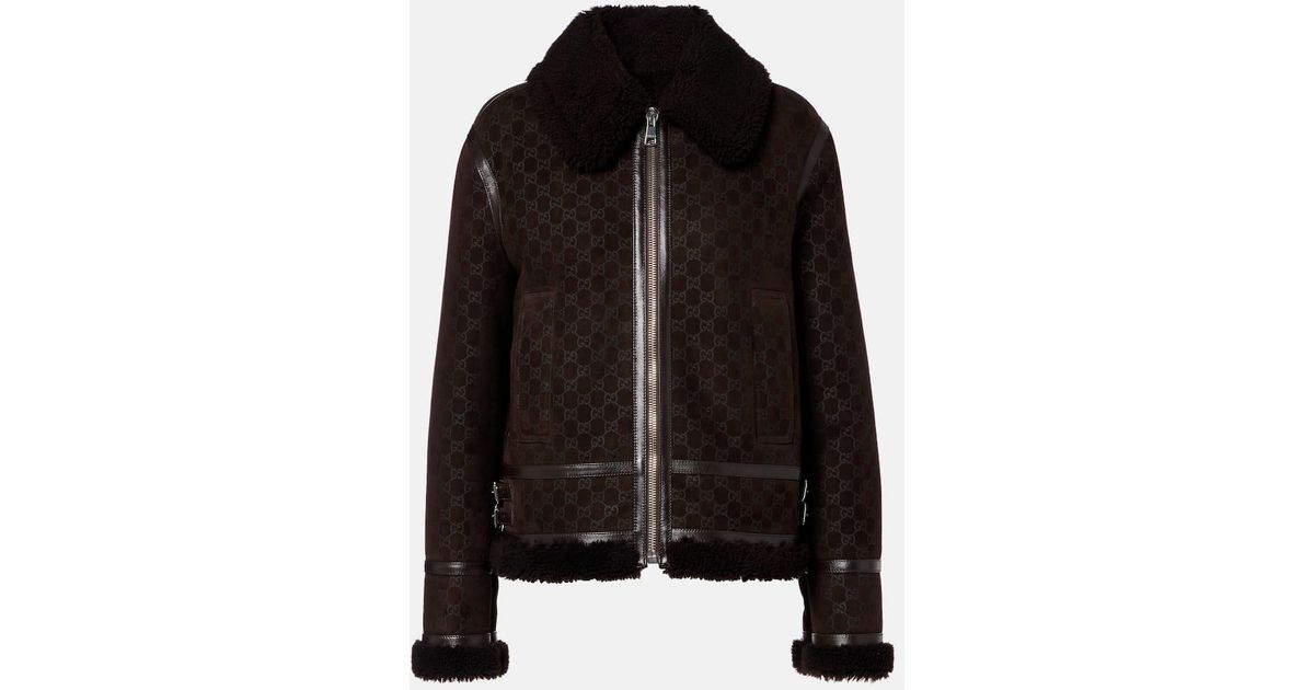 Gucci Gg Shearling-Trimmed Leather Jacket in Black | Lyst UK