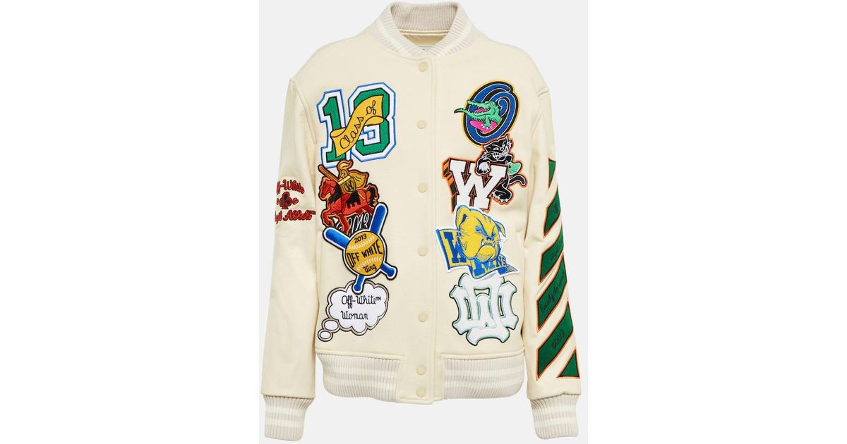 Off-White c/o Virgil Abloh Patches Wool-blend Varsity Jacket in White ...